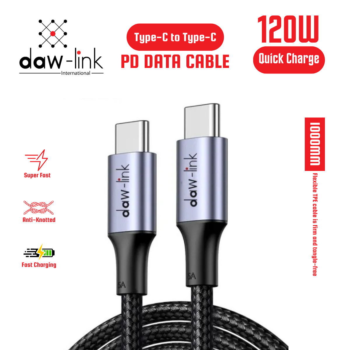 Daw-Link PD Data Cable – 120W, 1M, Tangle-Free